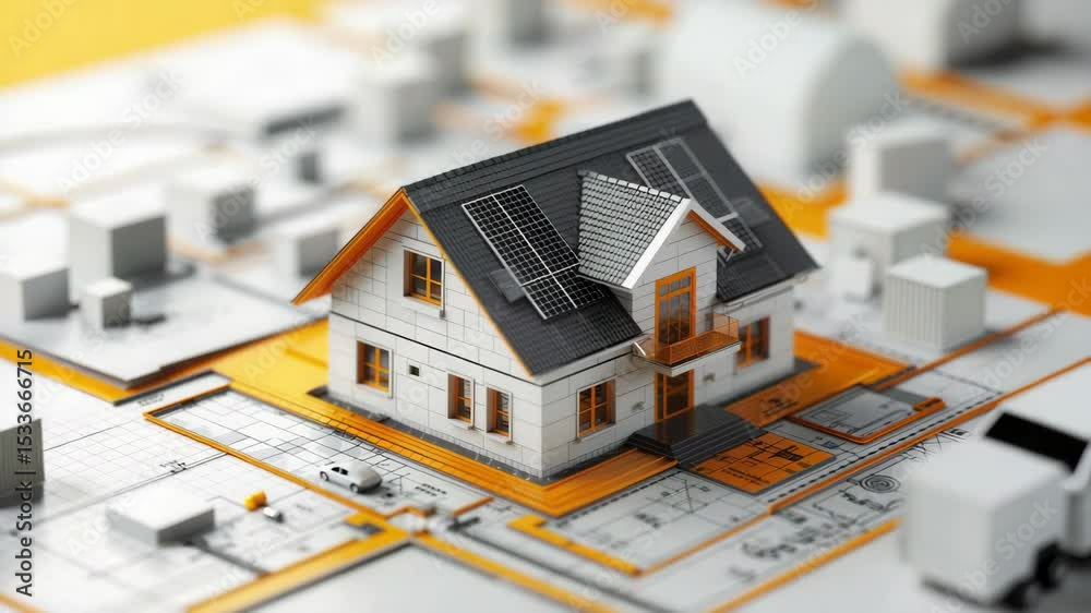 Modern house model on architectural blueprint. New home construction ...