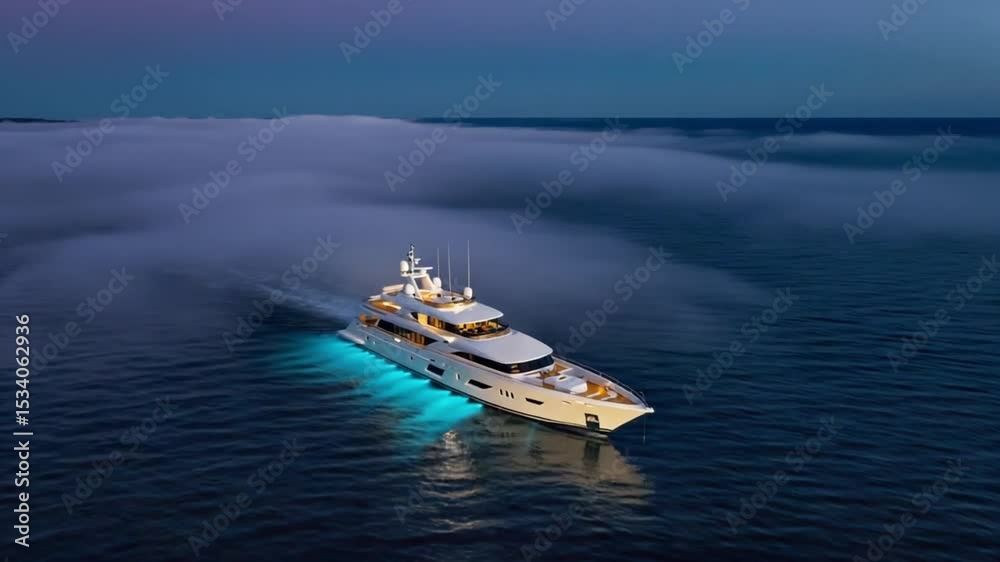 Overhead drone view night stationary luxury yacht calm dark ocean ...