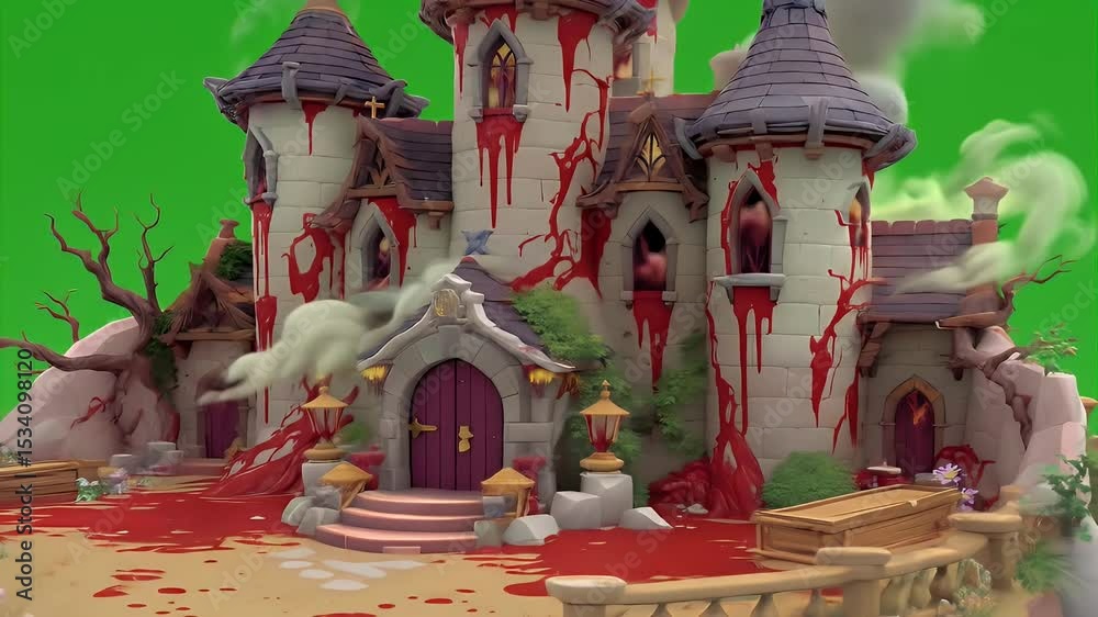 Voxel Low Poly Haunted Mansion with Blood Spatters Isolated on Green ...