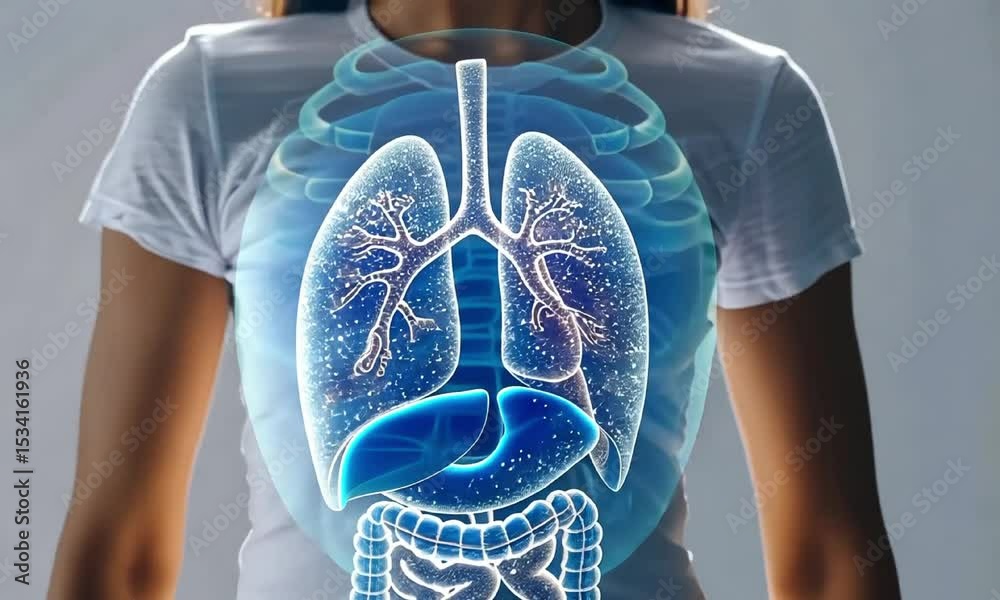 Female torso with overlay of lungs, liver and intestines animation ...
