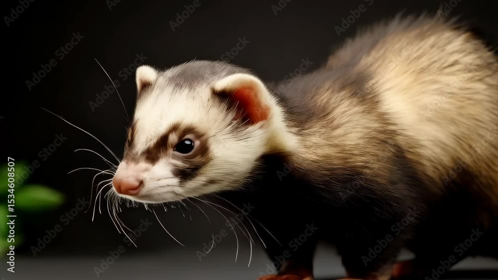 Adorable ferret with a white mask looking directly into the camera in a studio shot against a ...