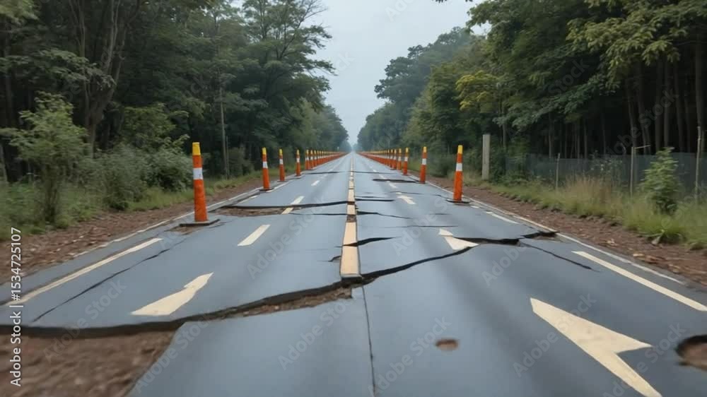 Damaged Roadway Shows Cracks and Damage After a Natural Disaster or ...