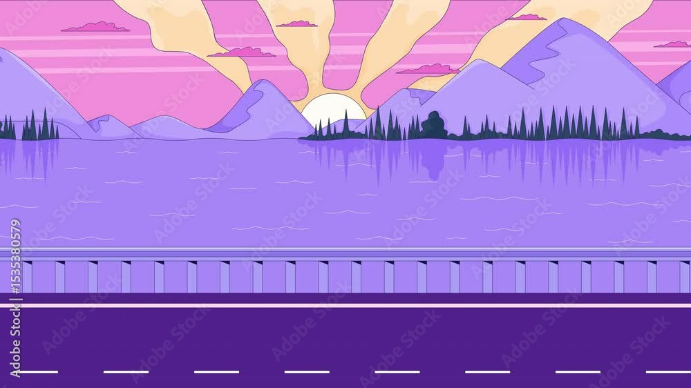 Sunset over mountain lake with roadside 2D cartoon animation. Twilight ...