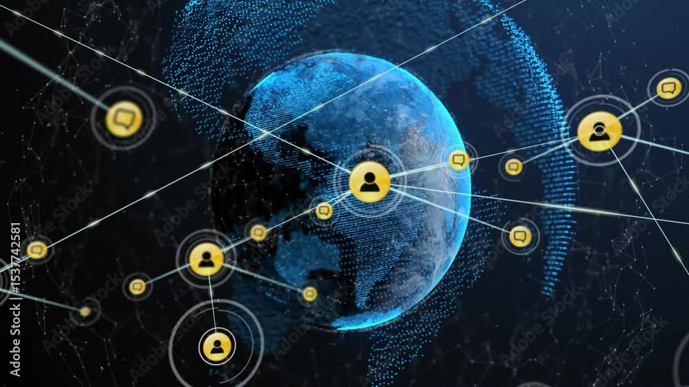 Rotating 3D point-cloud Earth opening user node, spawning chat bubbles and showing network ...