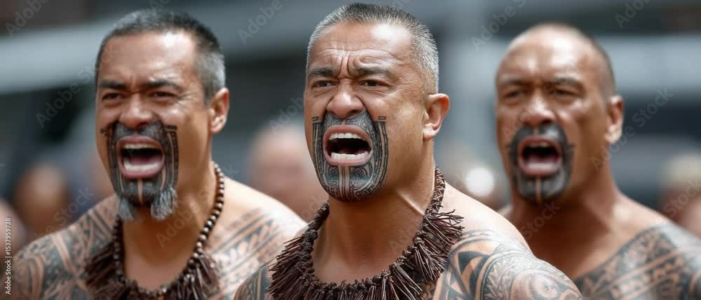 Maori Men Performing Haka: Three Maori men with traditional facial ...