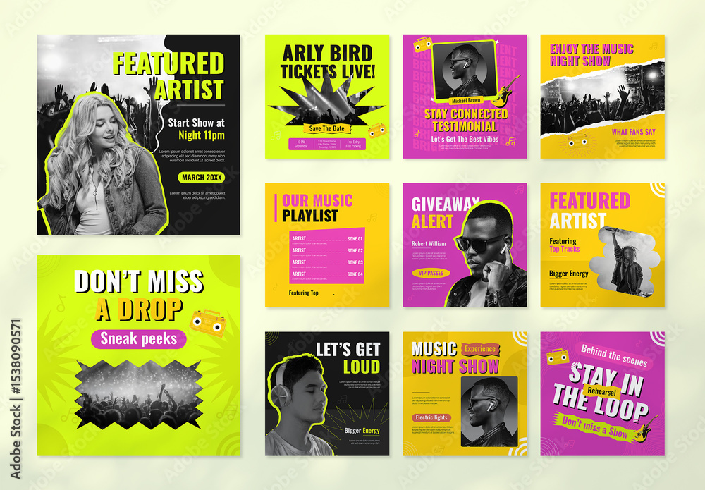 Bold and Bright Music Event Instagram Social Media Post Set Stock ...