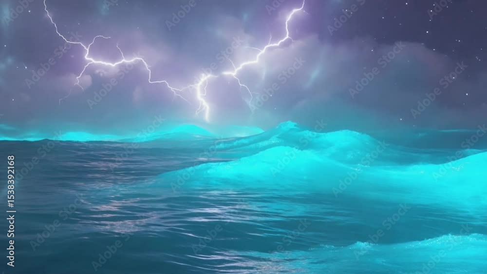 Translucent glowing ocean waves shaped energy fields, mystic clouds ...