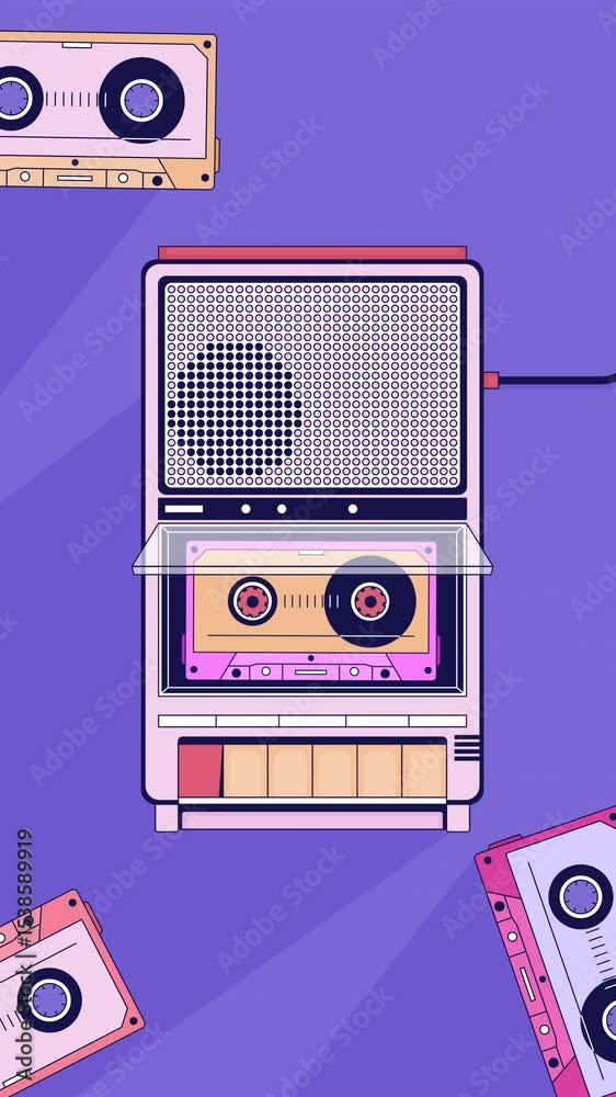 Retro cassette rotating with nostalgic tape recorder lofi vertical ...