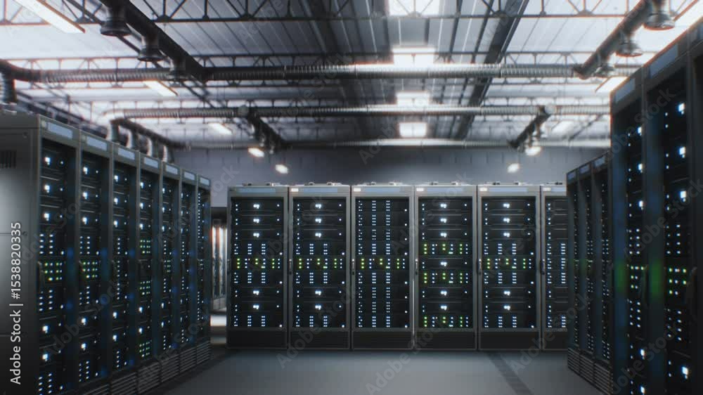 Futuristic Data Center with Server Racks in Big Warehouse. Animated ...