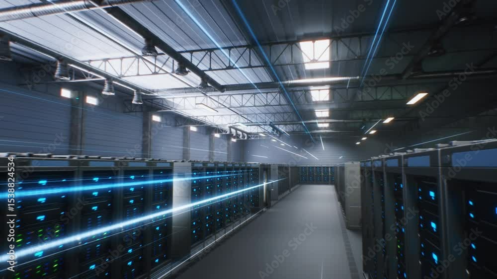 Modern Data Technology Center with Server Racks in Large Storage with ...
