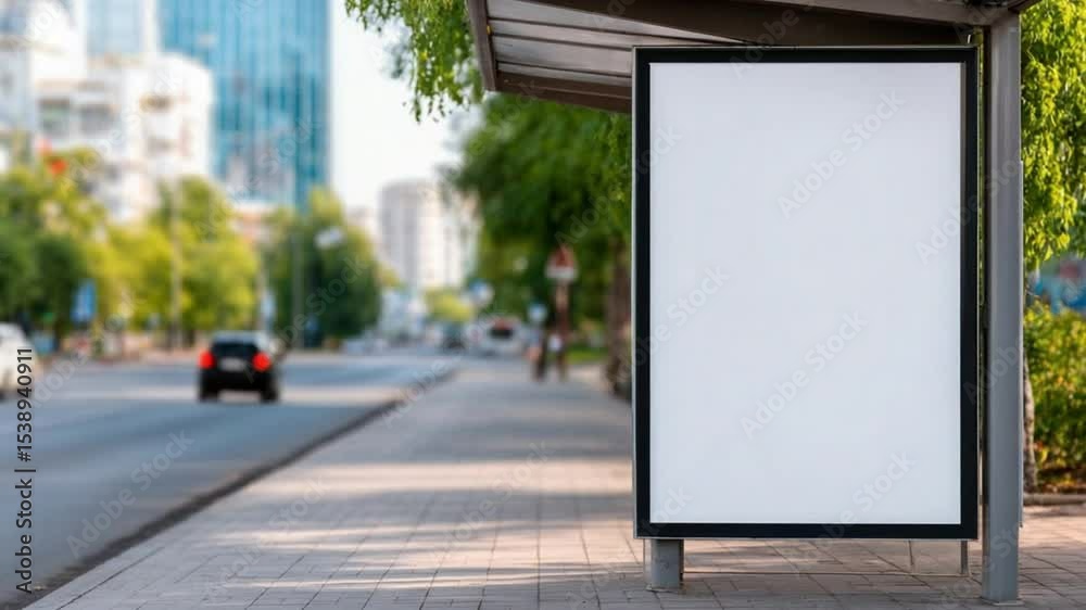 Urban bus stop with blank white billboard mockup for advertisement City ...