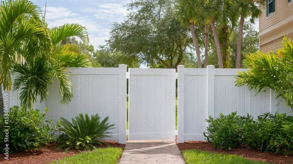 White vinyl fence with gate posts, door in Florida home Green plants ...