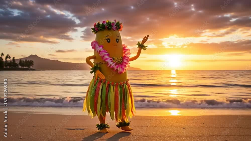 Tropical sunset Hawaiian hula dance performed by a potato character on ...