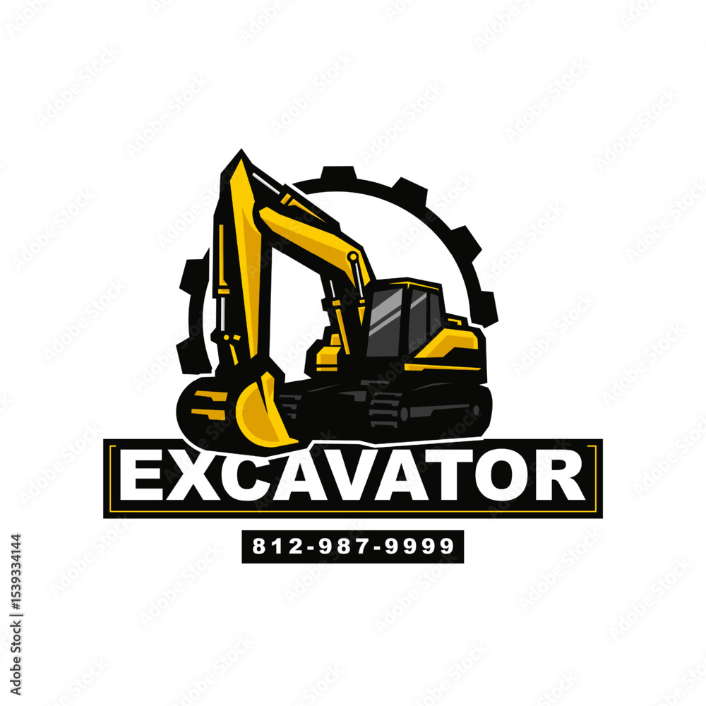 Poster Excavator with Gear Logo Design for Construction Company and ...