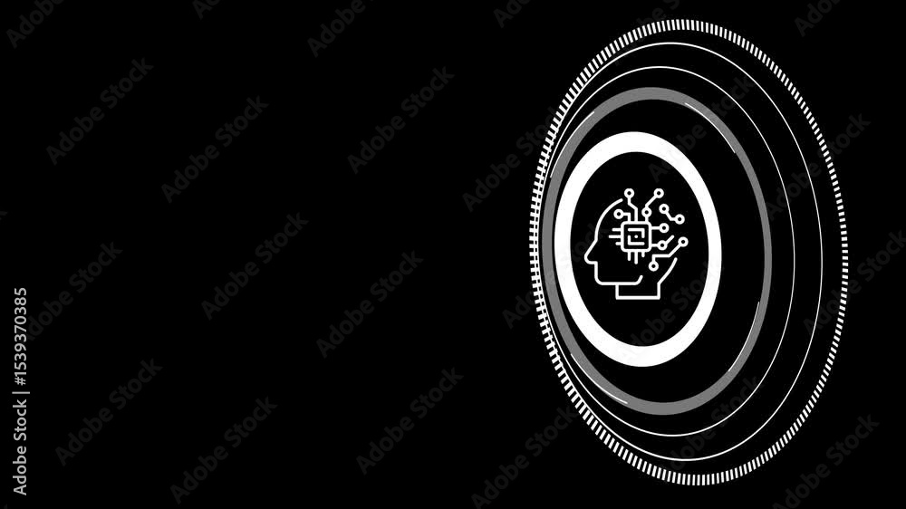 Black and white animation of AI chip head icon rotating inside circular ...