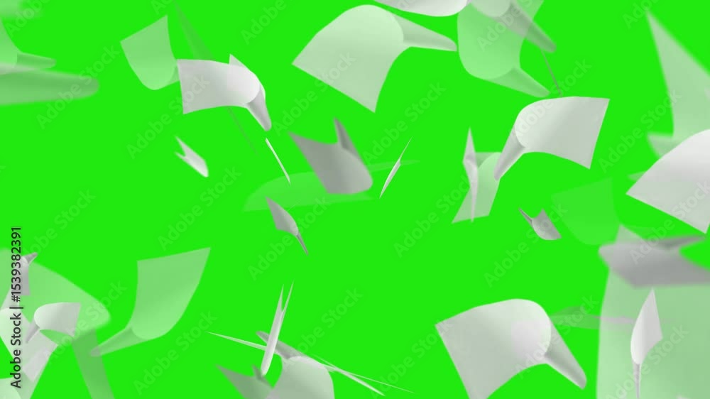animated falling white paper sheets on green screen background, Blank ...