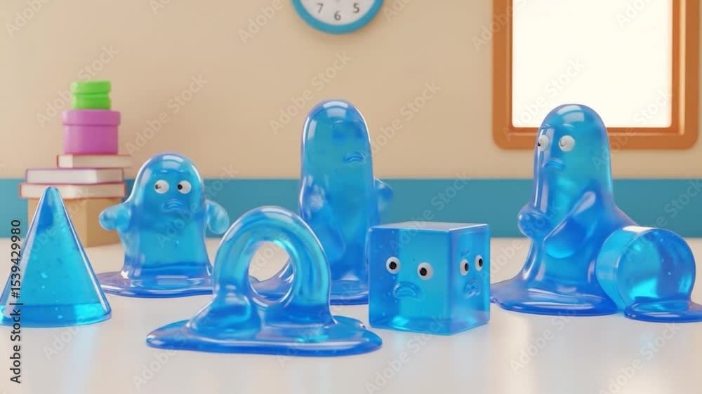 Sad Blue Jelly Shapes: Cube, Cone, Blob, and Ring on a White Tabletop ...
