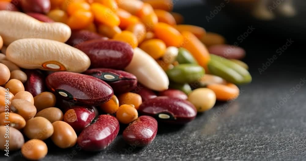 Close-up view of a colorful mix of beans and lentils on a dark gray ...