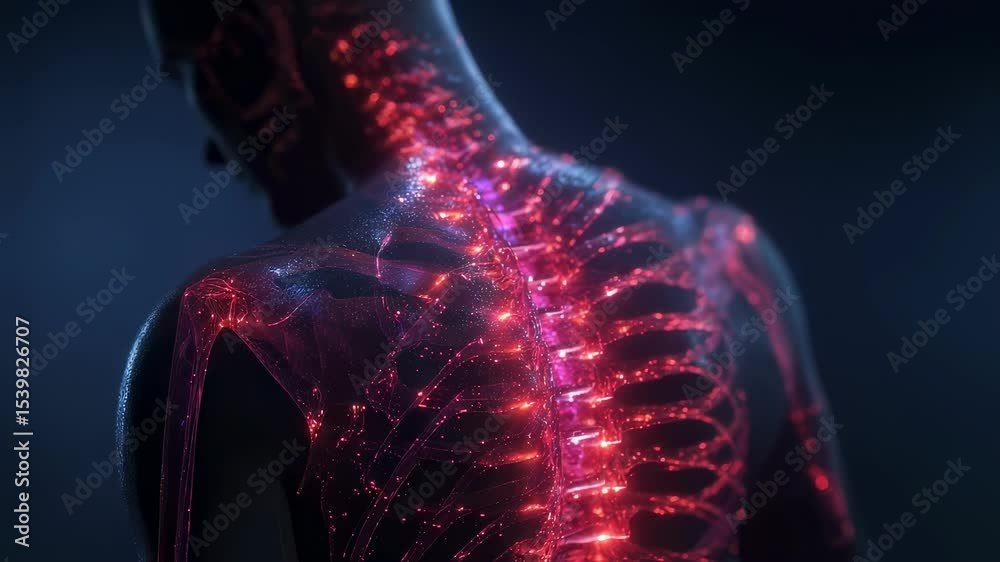 Medical visualization shows glowing red dermatomes across the back and ...