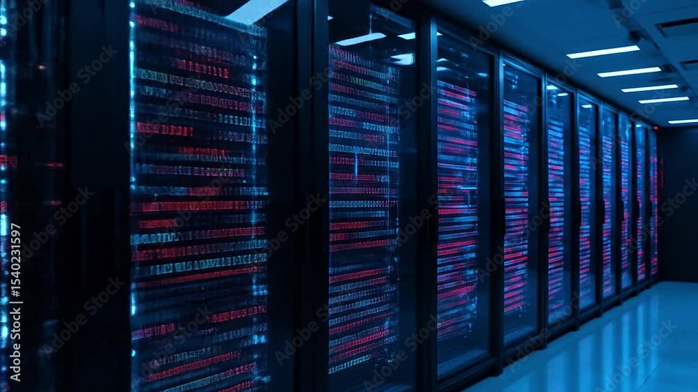 Hi-tech server room wall displaying binary code behind frosted glass ...