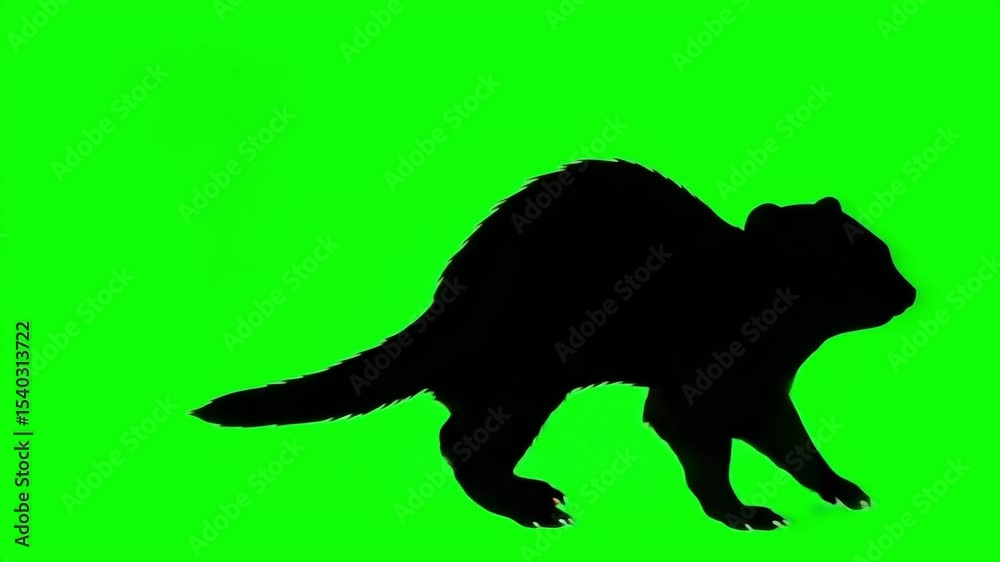 A mysterious silhouette of a ferret stretches on a vibrant green screen ...