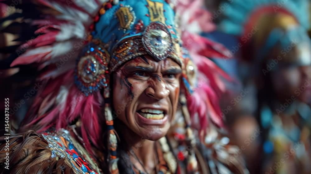 Indigenous chief shouting with fierce expression and feathered ...