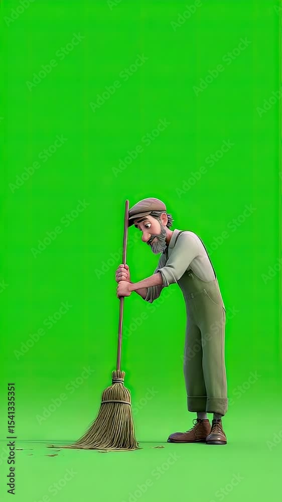 3 d animated elderly man sweeping with broom on green screen background ...