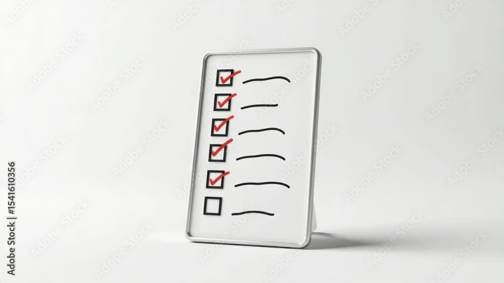 A whiteboard displays a checklist with five red check marks and one ...