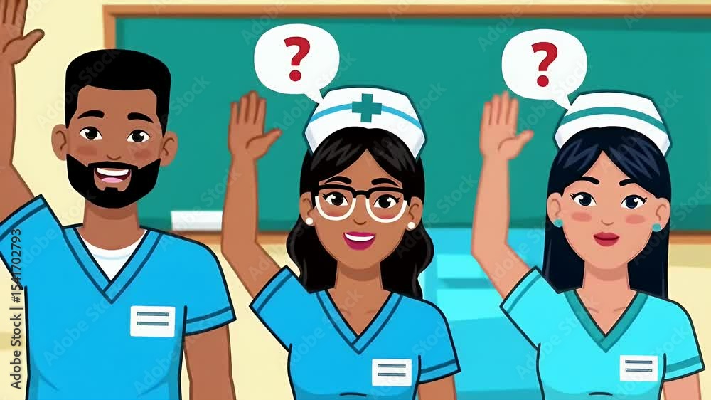 Diverse healthcare professionals asking questions in a classroom ...