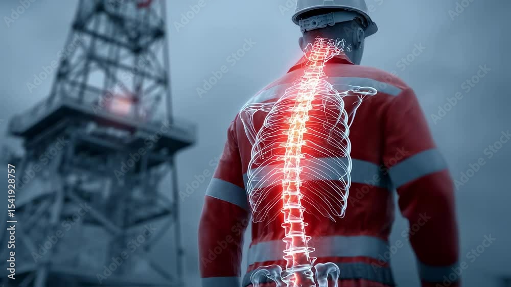 Glowing spine and joints of an oil rig worker wearing safety uniform ...