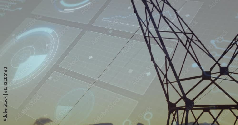 Dusk sky starting HUD panels fading and tower entering view visualizing ...