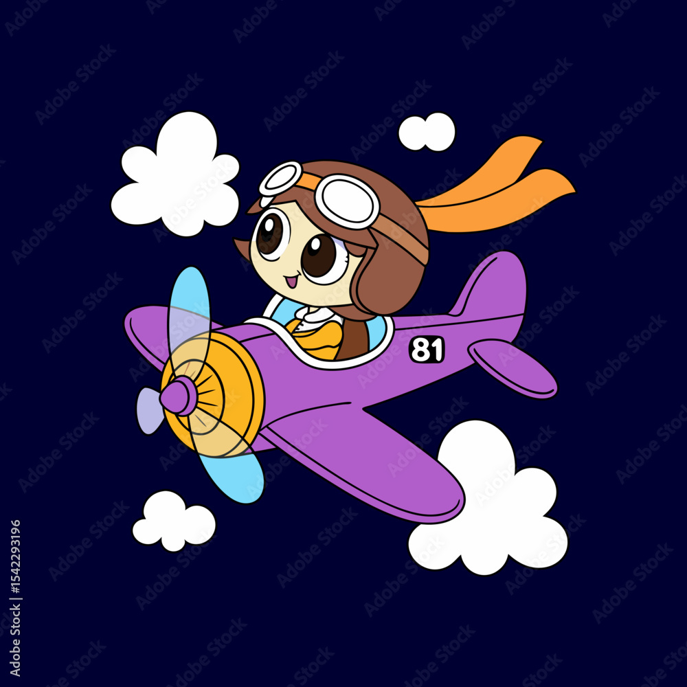 Poster Cute aviator girl pilots a vintage airplane through the night ...