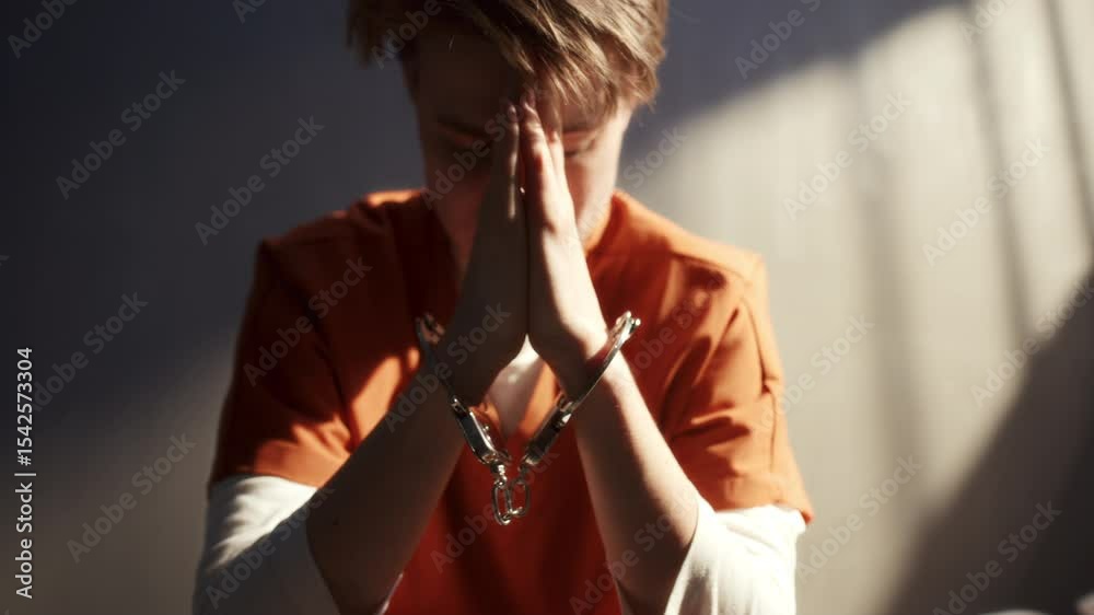 Young female prisoner wearing orange uniform and handcuffs sitting on ...