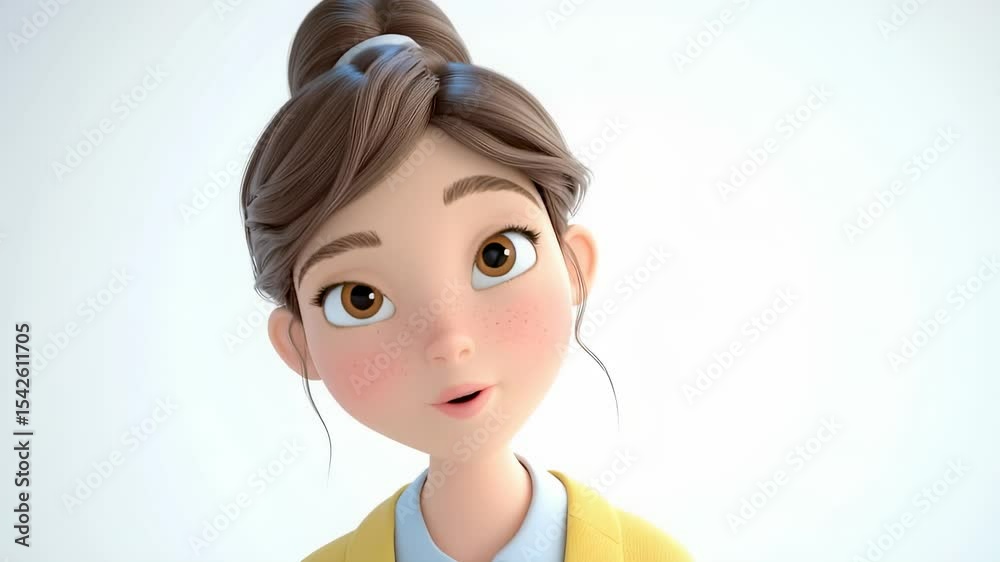 Animated 3D girl in yellow blazer talking, smiling, and gesturing on a ...