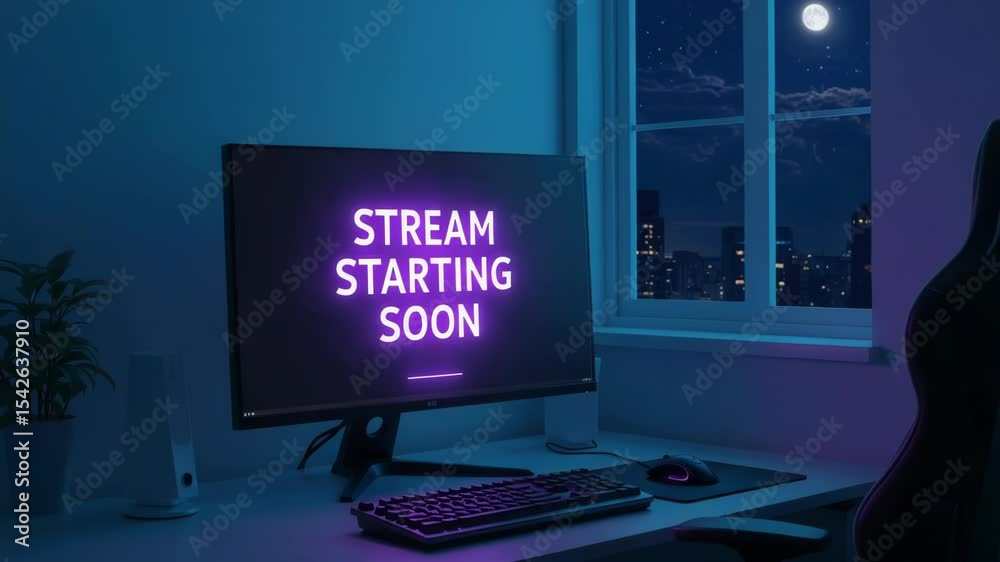 Stream Starting Soon. Neon Gaming Setup at Night. Cozy Streamer Room ...