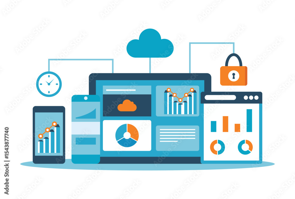 Secure Cloud-Based Data Management System Illustration. Business data analytics. business ...