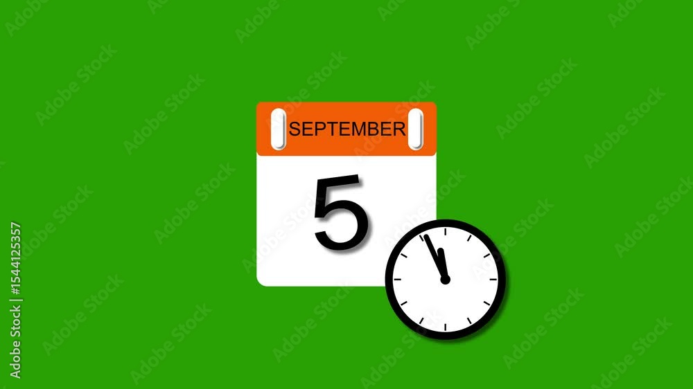 4K calendar animation September 5 date 2025 animation. clock and black ...