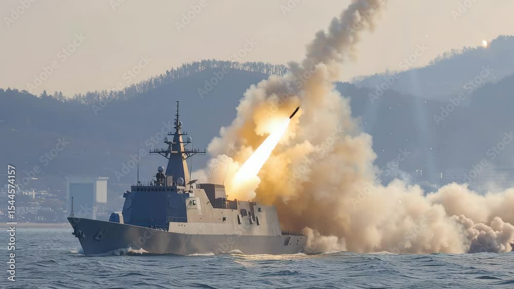 Warship Launching Missile at Sea - A military warship fires a missile ...