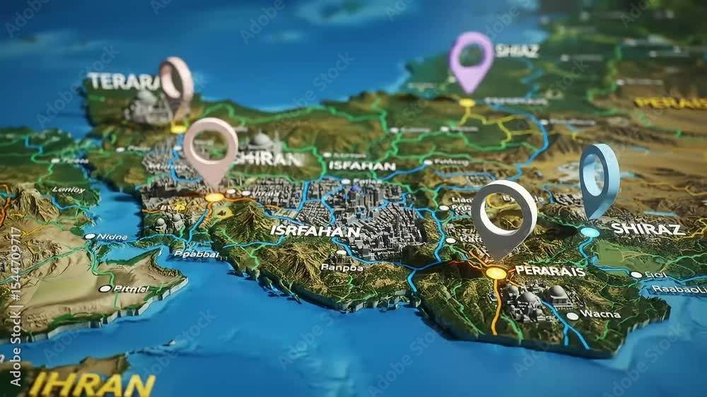 3D Map of Iran Exploring Major Cities and Regions Stock ビデオ | Adobe Stock