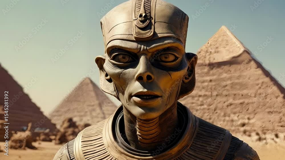 Alien pharaoh with elongated skull and space suit at Egyptian pyramids ...