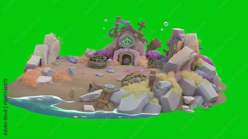 Decaying Pixel Art Island Isolated on Green Screen with Crumbled Stone ...