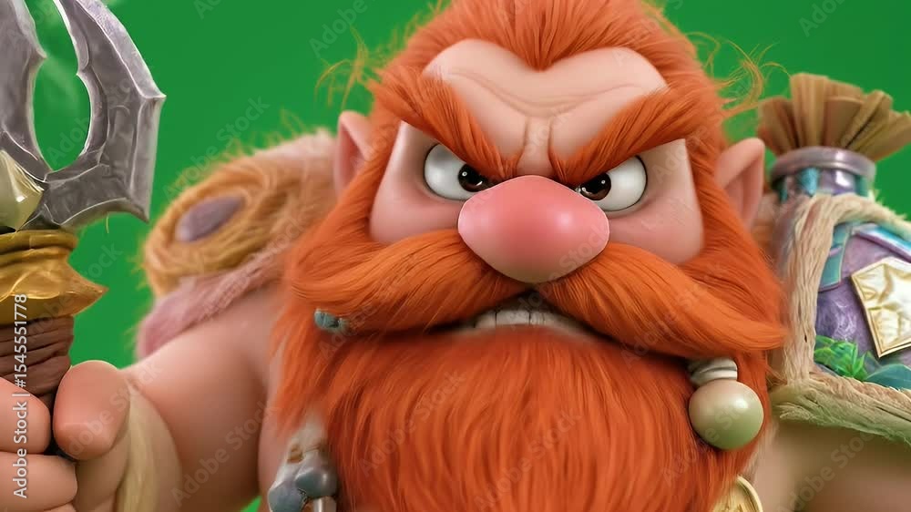 Fierce Red Bearded Dwarf Warrior With Trident Rendered in 3D in Front ...
