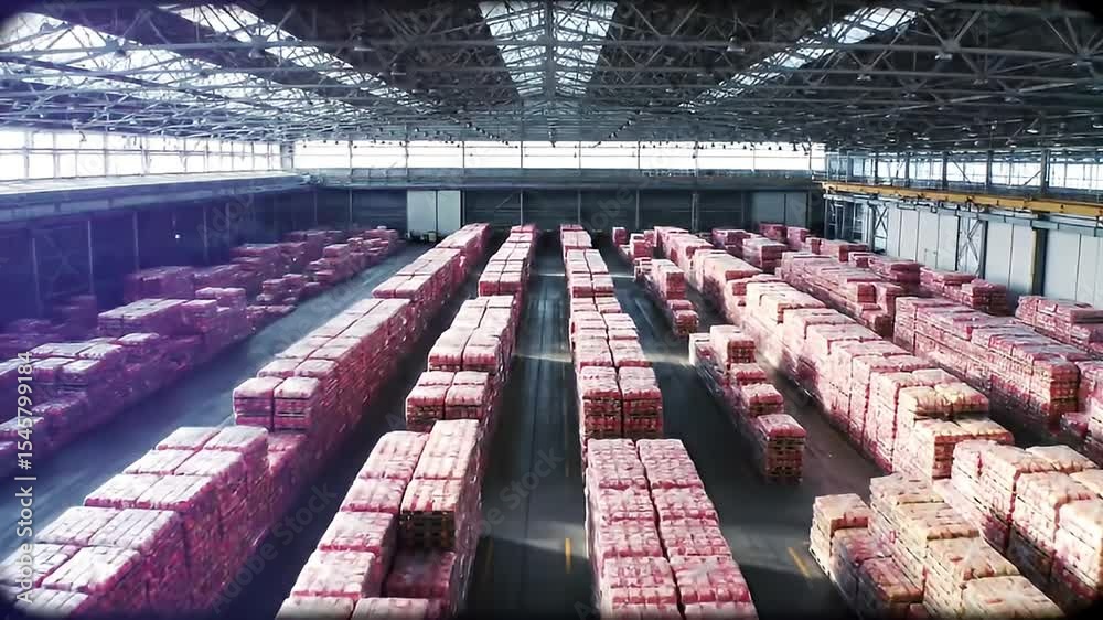 Palletized goods fill a vast warehouse space under a metal grid ceiling ...