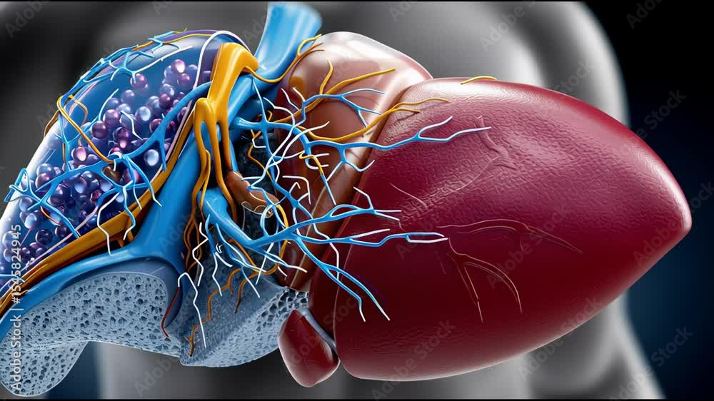Liver anatomy and function diagram with hepatocyte labeling, medical ...