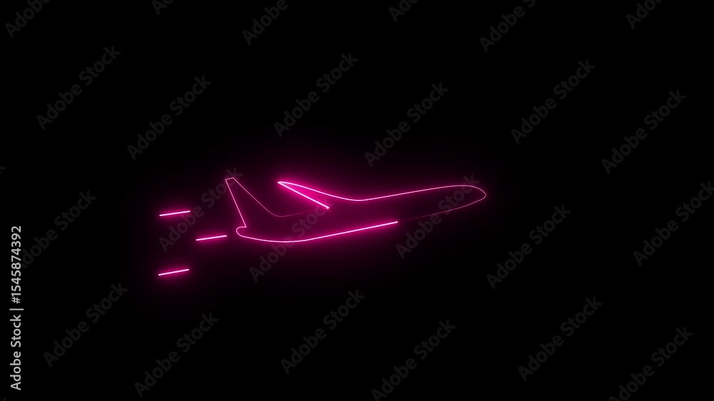 Glowing neon plane sign icon animation. Airplane flight neon sign ...