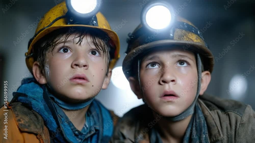 Young Miners in Tunnel: Two young boys, wearing mining helmets with ...