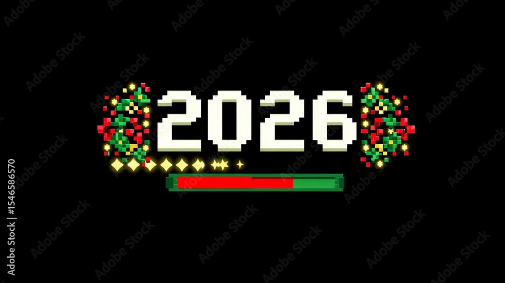 Pixel art 2026 countdown with Christmas wreaths and progress bar on ...