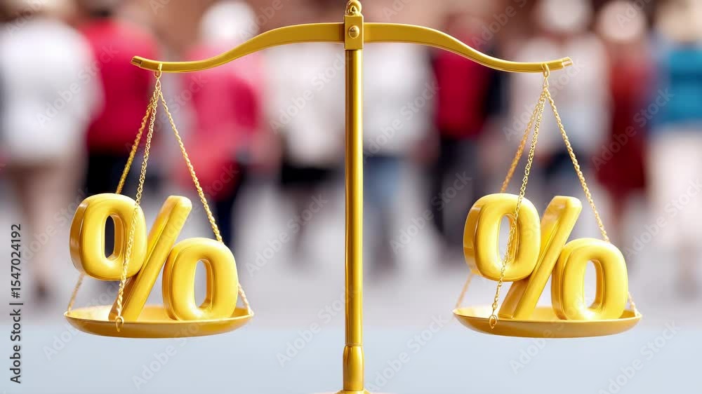 Golden scales of justice balancing percentage symbols. Financial ...