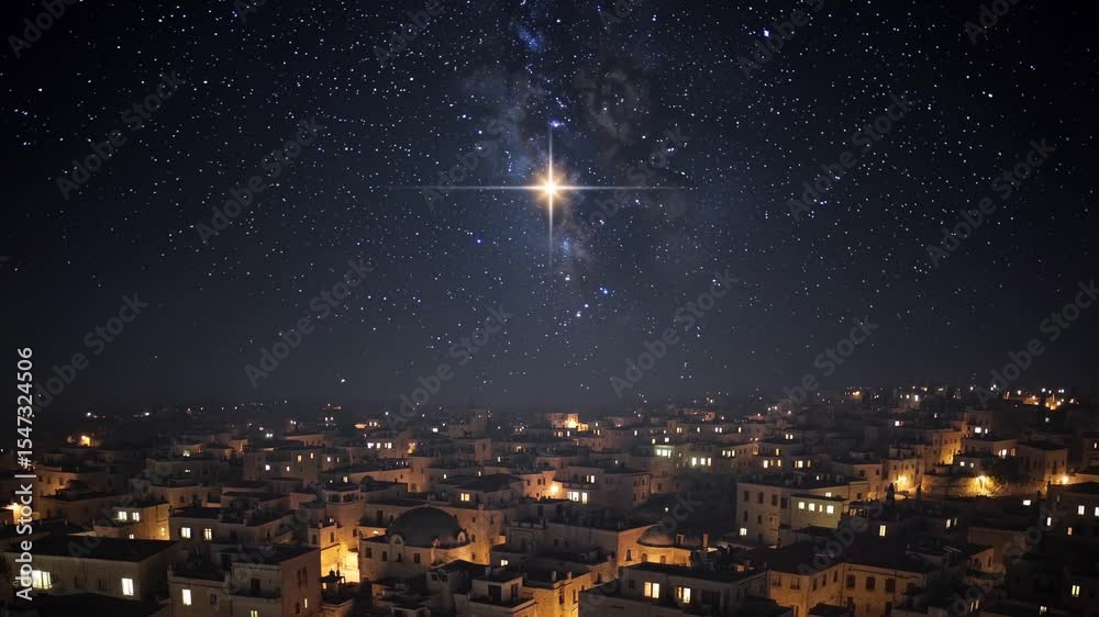 Star of Bethlehem glowing above ancient city skyline under Milky Way ...