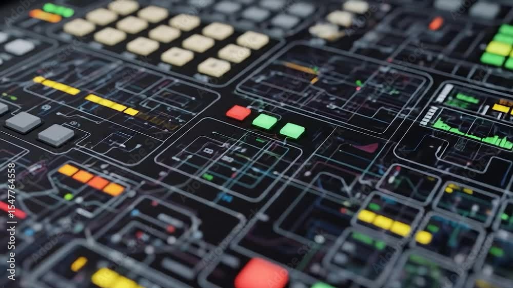Close-up of a complex control panel with illuminated buttons and ...